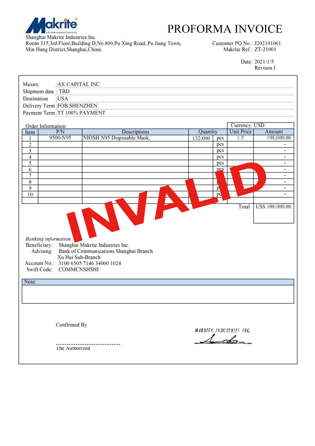Warning: Invalid Proforma Invoice