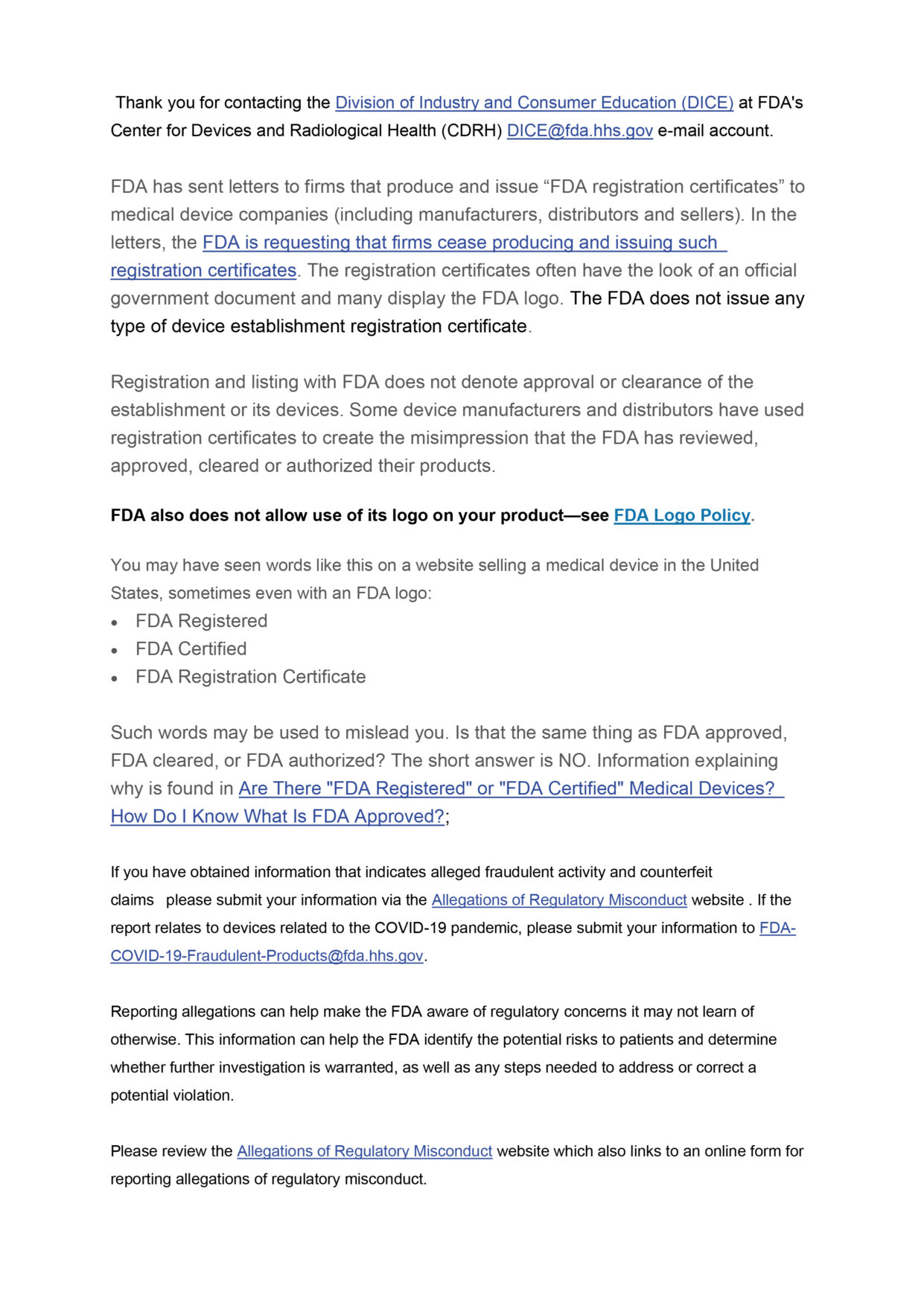 Letter from FDA regarding to FDA Registration Certificate